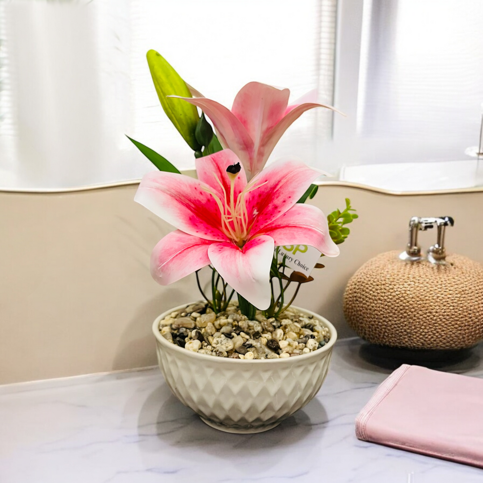 Artificial Pink Lily Plant in Ceramic Pot with Authentic Pebbles for b ...
